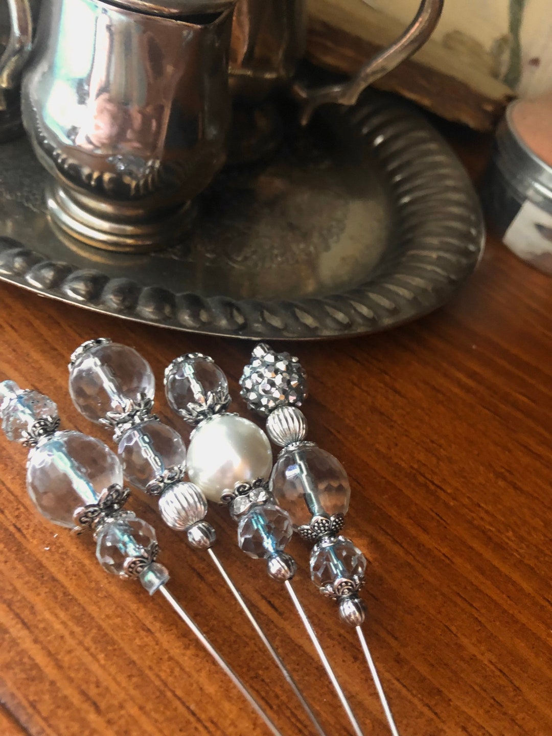 Victorian Style Six Inch Hat Pins Crystal Faux Pearls Silver Etsy