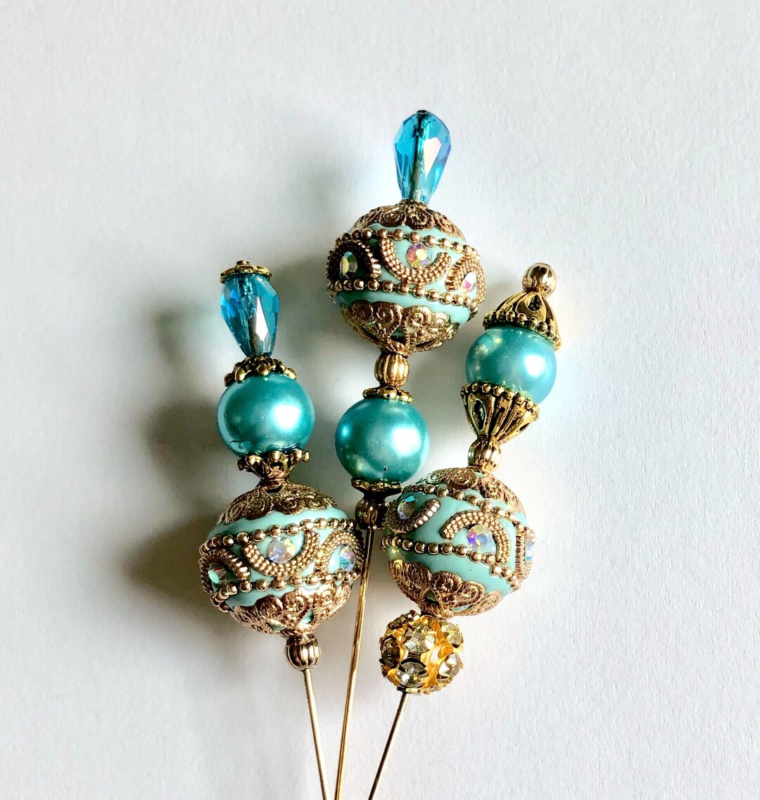 Victorian Style Six Inch Hat Pins Turquoise Glass Pearls, Crystals, and ...