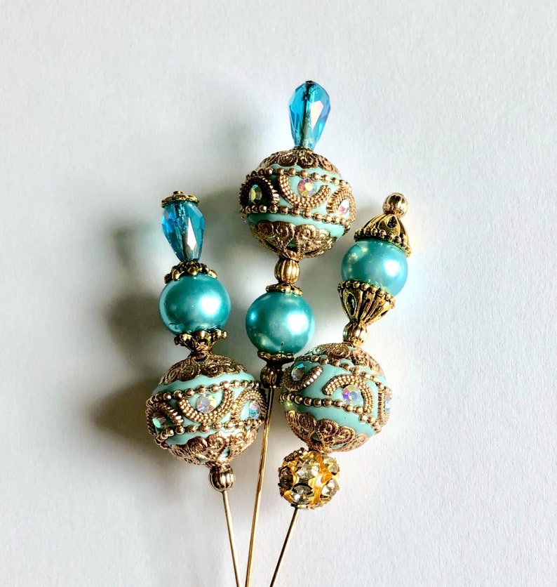 Victorian Style Six Inch Hat Pins Turquoise Glass Pearls Etsy