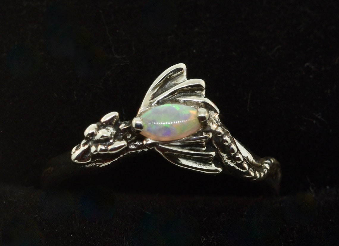 Baby Dragon Ring: Marquise Australian Opal, Sterling Silver Elvish Ring ...