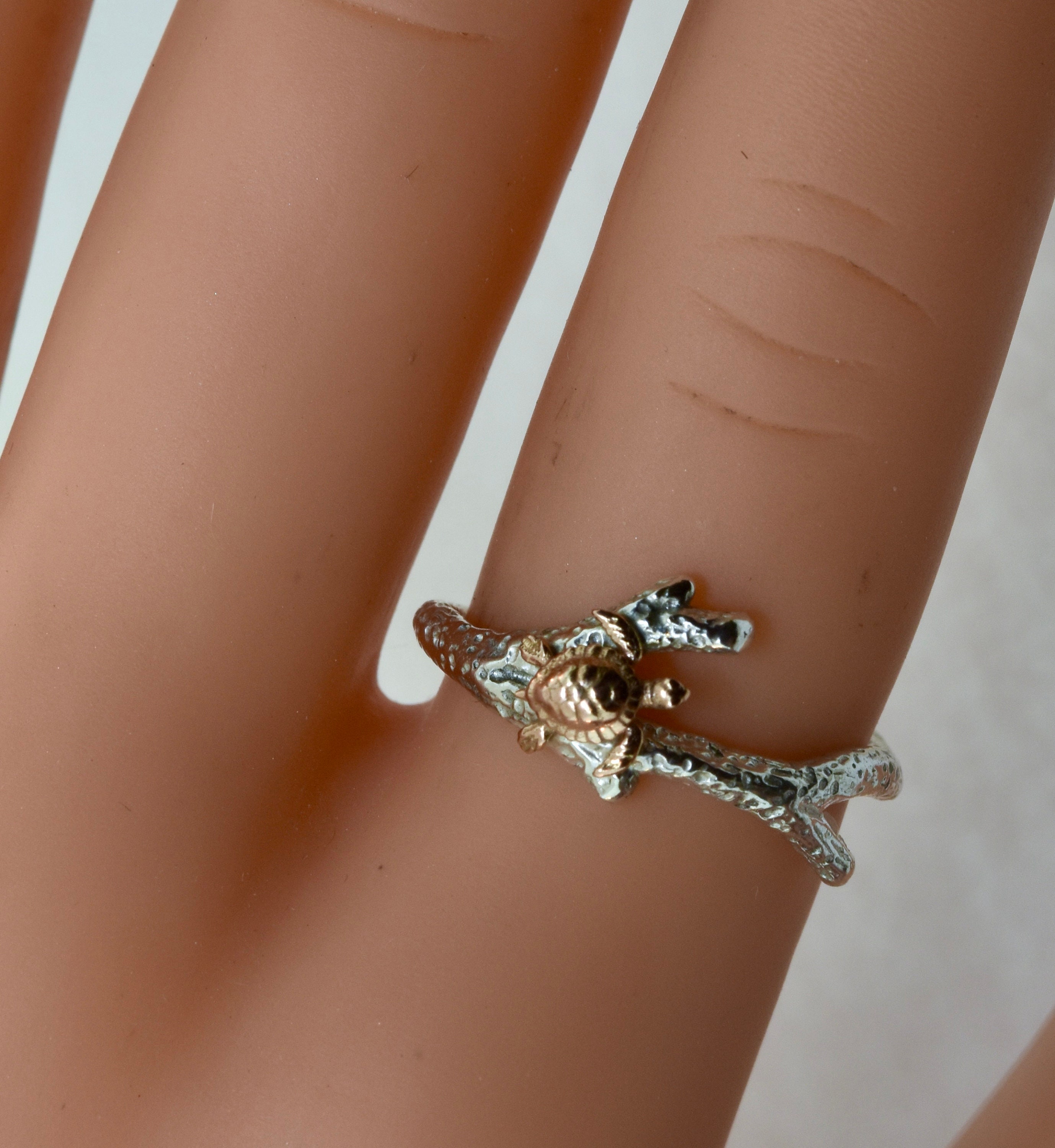 Coral Reef Ring: 14k Gold Sea Turtle on Sterling Silver Branch - Etsy