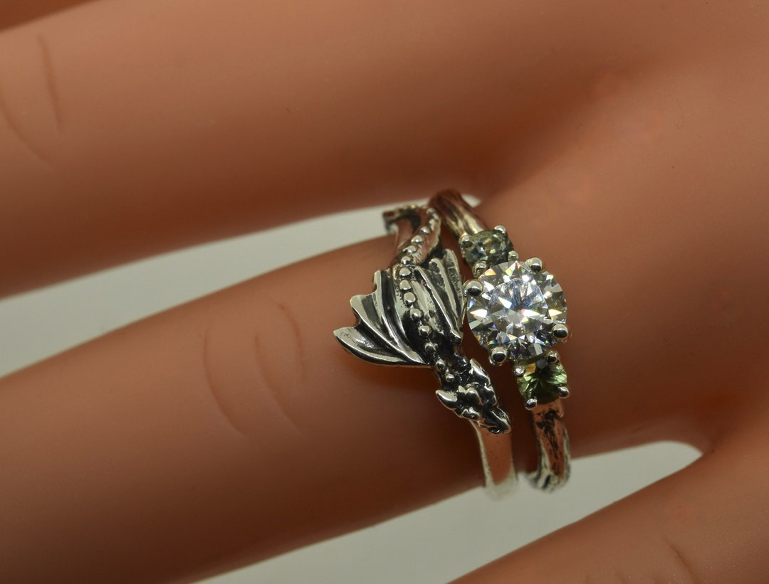 Baby Dragon Sterling Silver Ring Set: Moissanite & Green Sapphire - Etsy