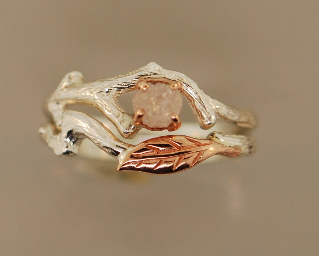 Leaf Engagement Ring, Raw Diamond Engagement Ring, Stacking Rings, Stack, Leaf, Twig Ring ...