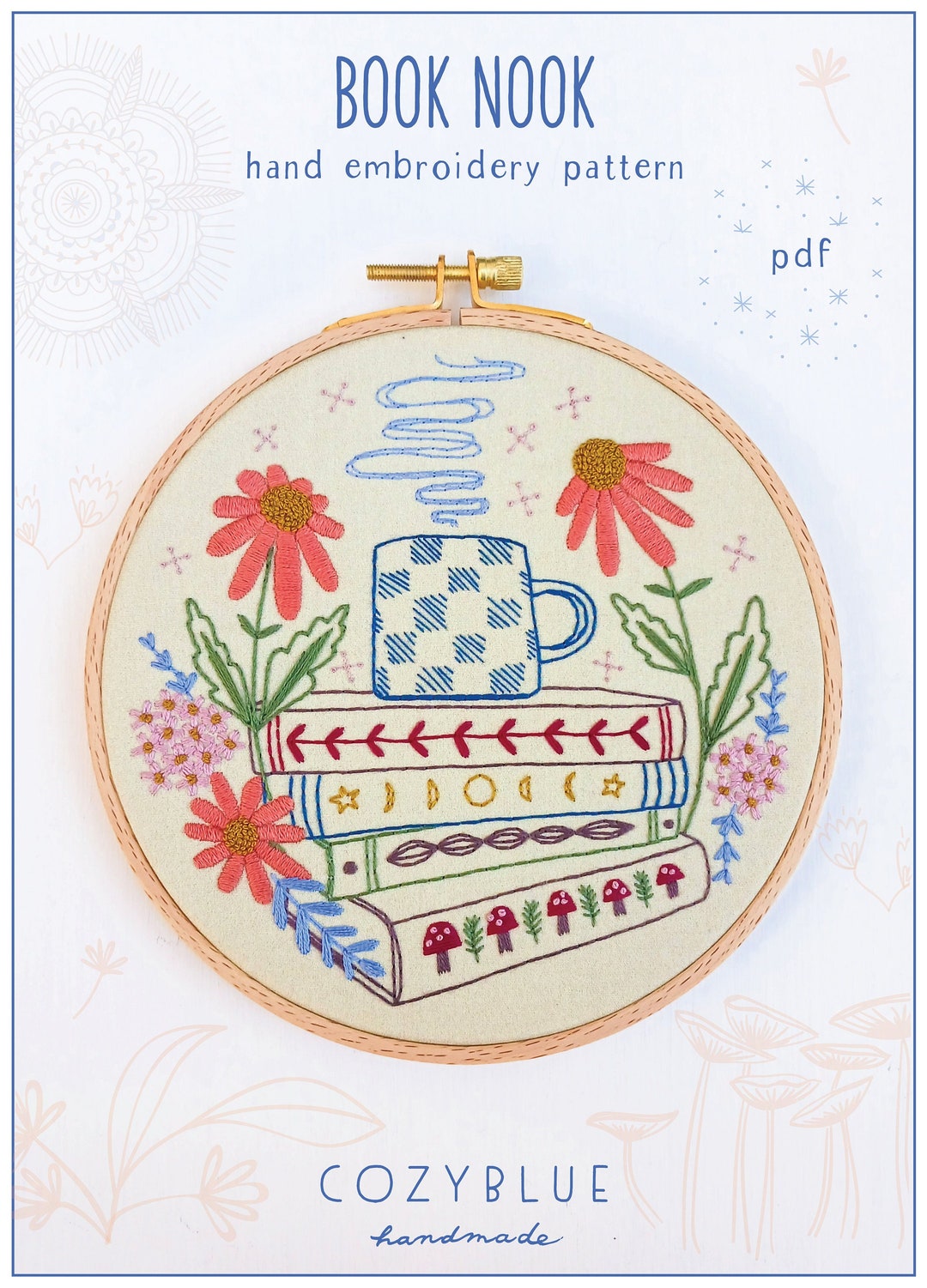 BOOK NOOK - Pdf Embroidery Pattern, Embroidery Hoop Art, Books and Tea ...