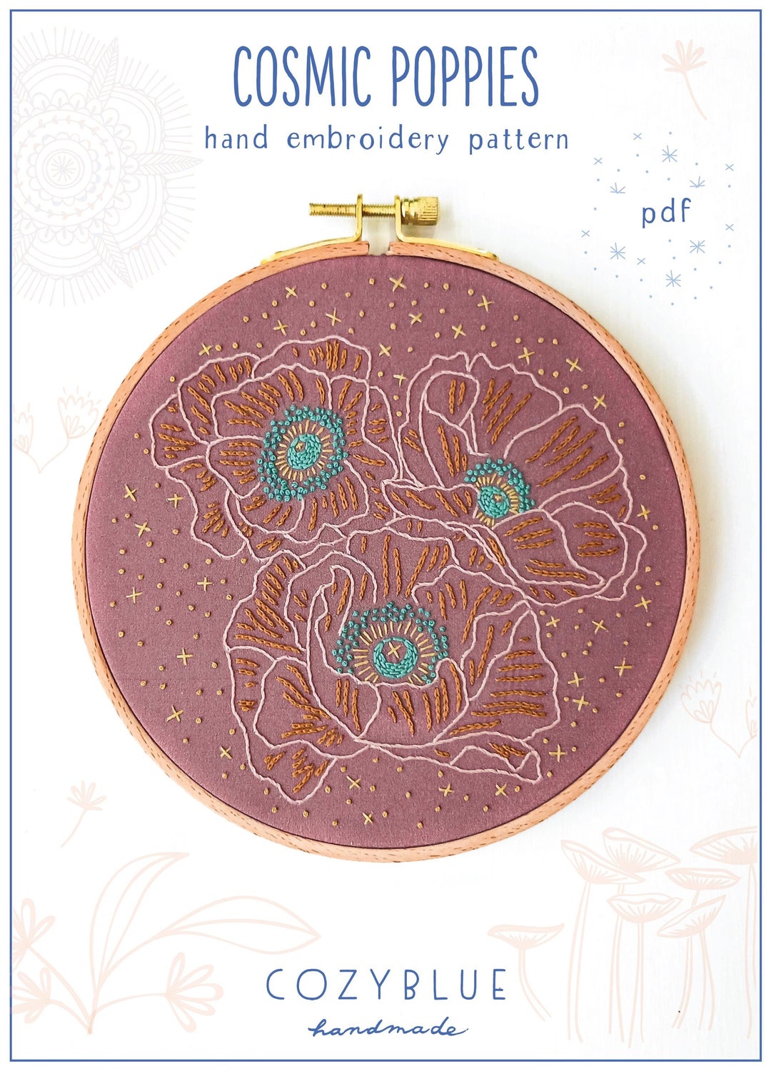 COSMIC POPPIES - Pdf Embroidery Pattern, Embroidery Hoop Art, Outer Space, Poppies, Floral ...