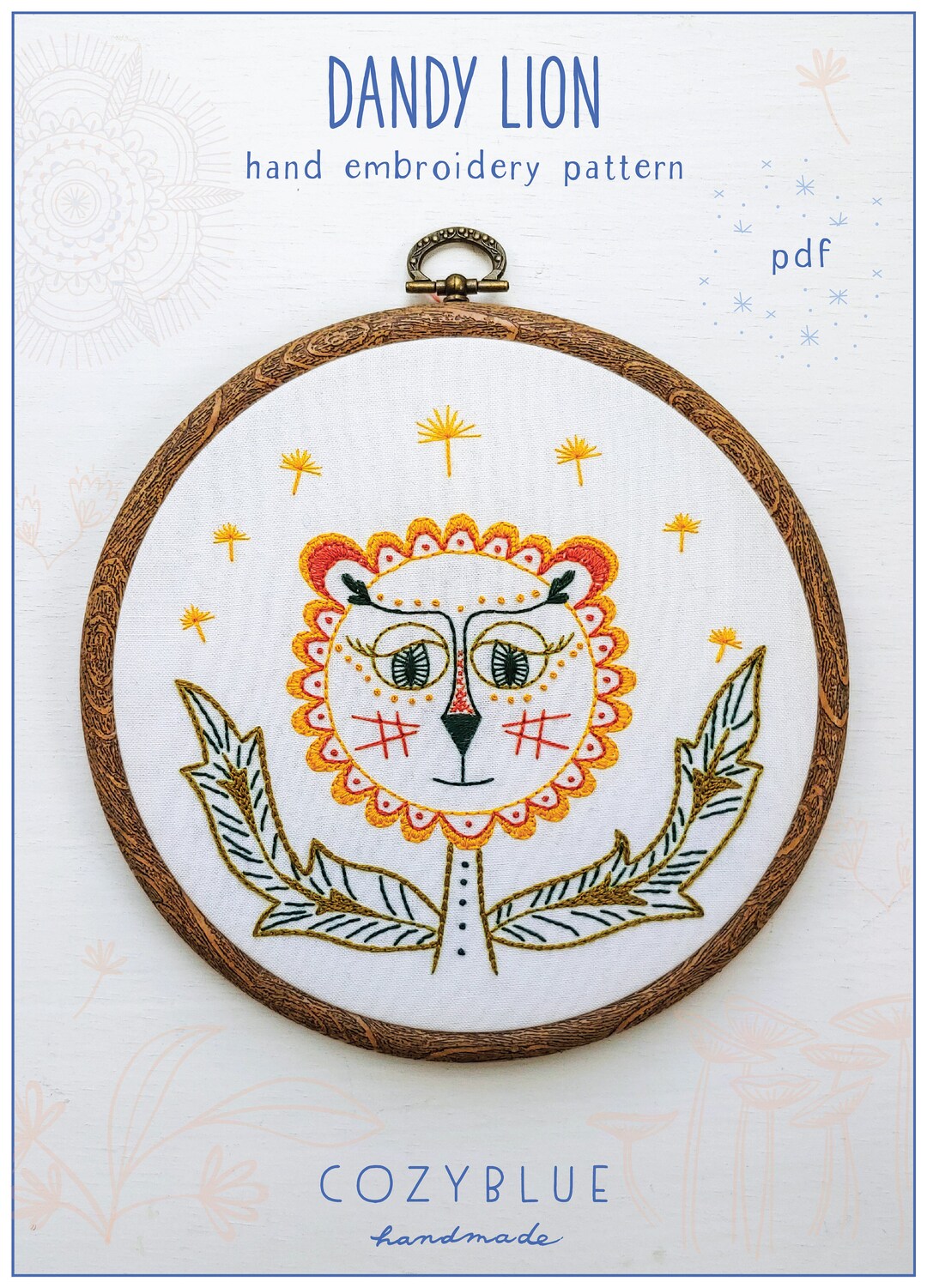 DANDY LION - Pdf Embroidery Pattern, Embroidery Hoop Art, DIY Stitching ...