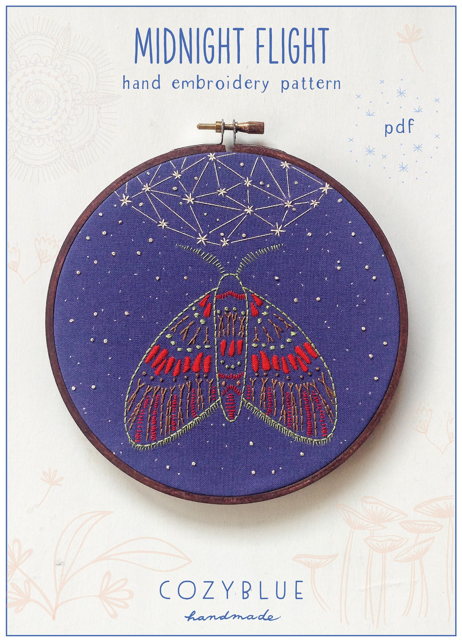 MIDNIGHT FLIGHT Pdf Embroidery Pattern Moth and Moon - Etsy