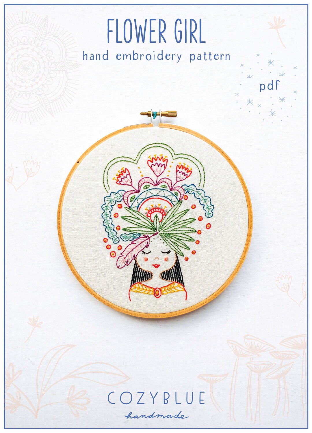 FLOWER GIRL - Pdf Embroidery Pattern, Feather and Flowers, Girl With ...
