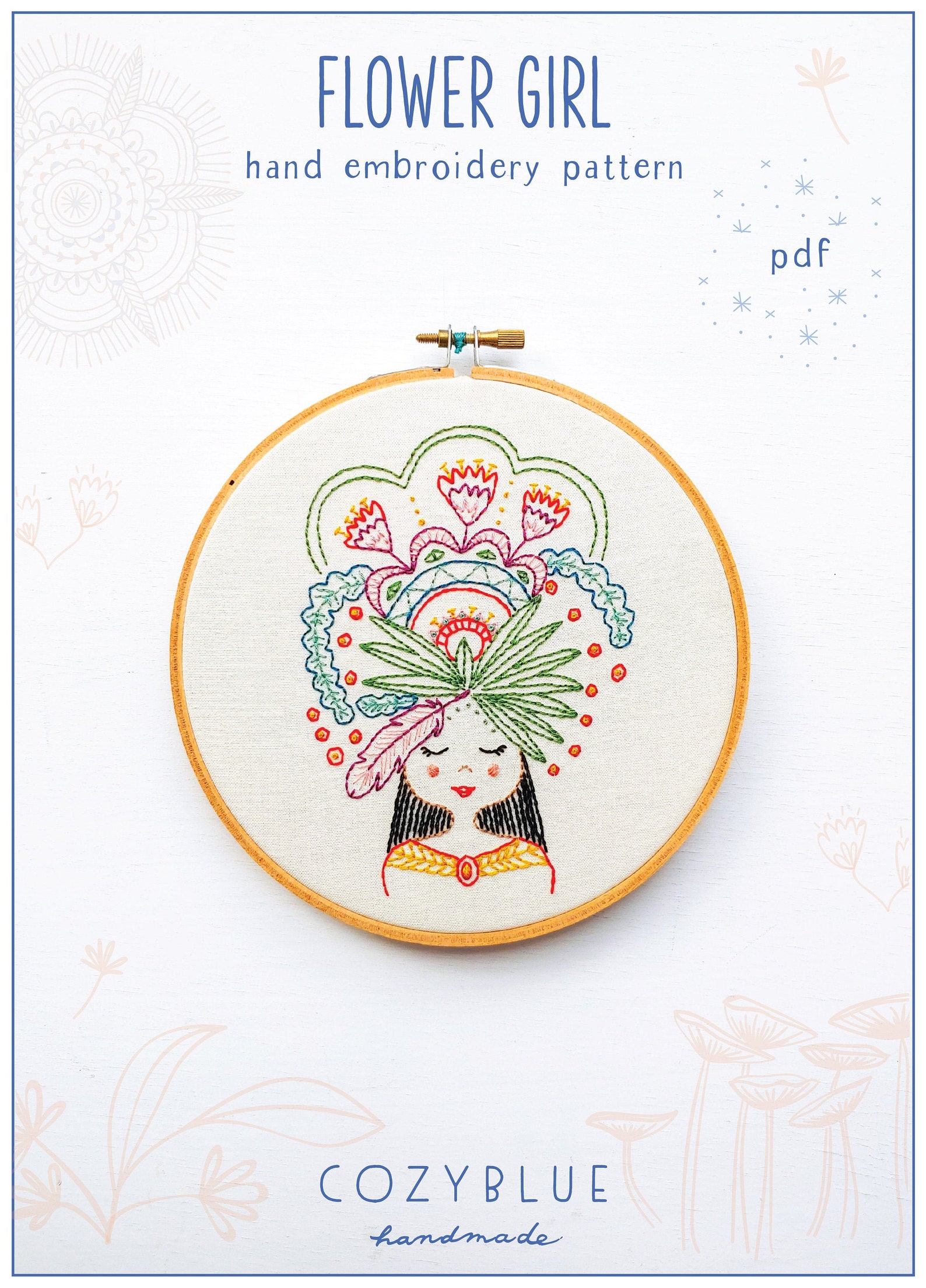 FLOWER GIRL - Pdf Embroidery Pattern, Feather and Flowers, Girl With ...