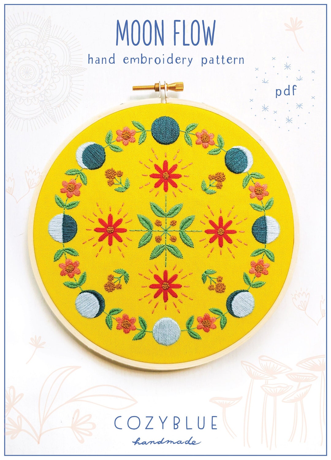 MOON FLOW - Pdf Embroidery Pattern, Embroidery Hoop Art, Phases of the ...