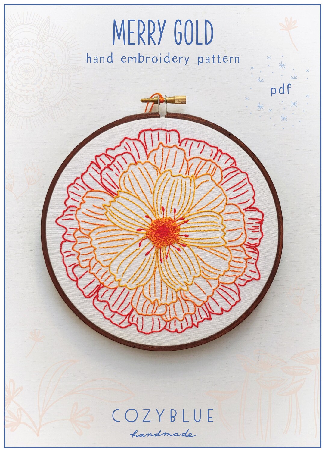 MERRY GOLD - Pdf Embroidery Pattern, Embroidery Hoop Art, Marigold ...