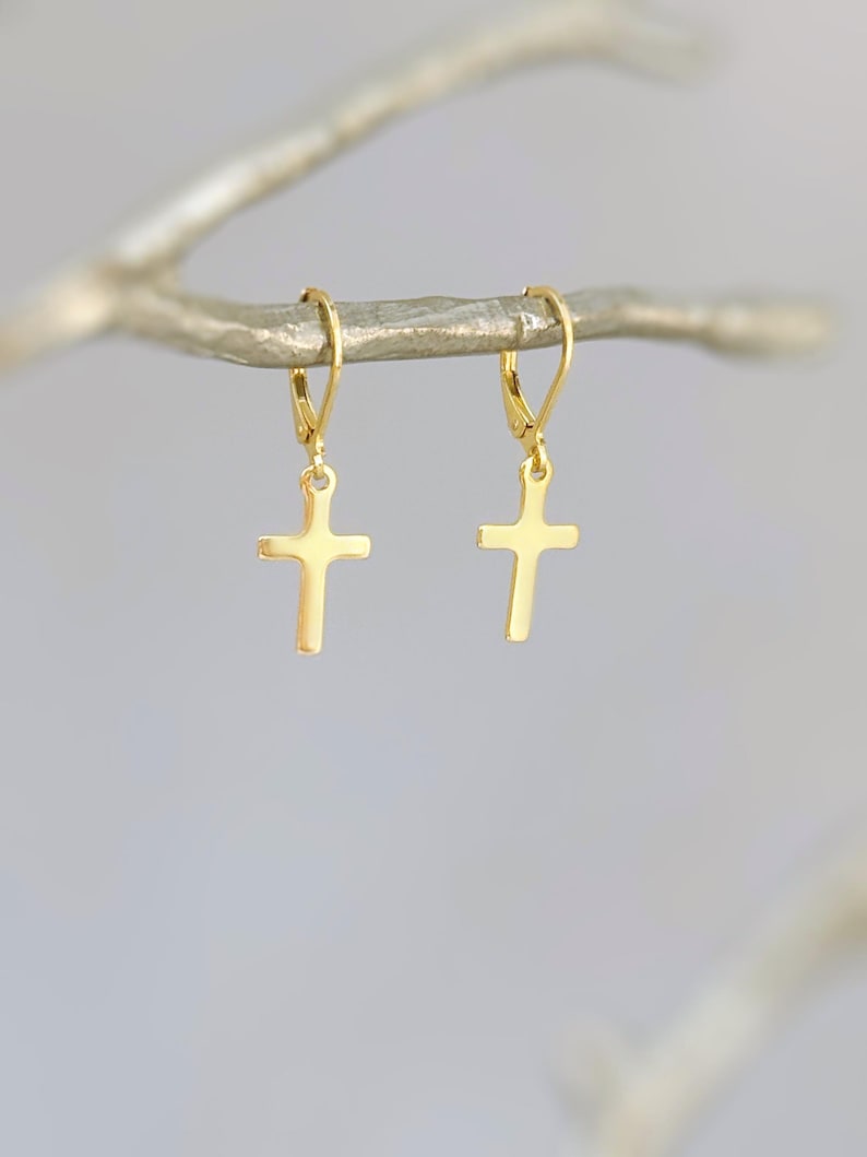 Dainty Gold Cross Earrings Dangle Sterling Silver Minimalist Religious ...