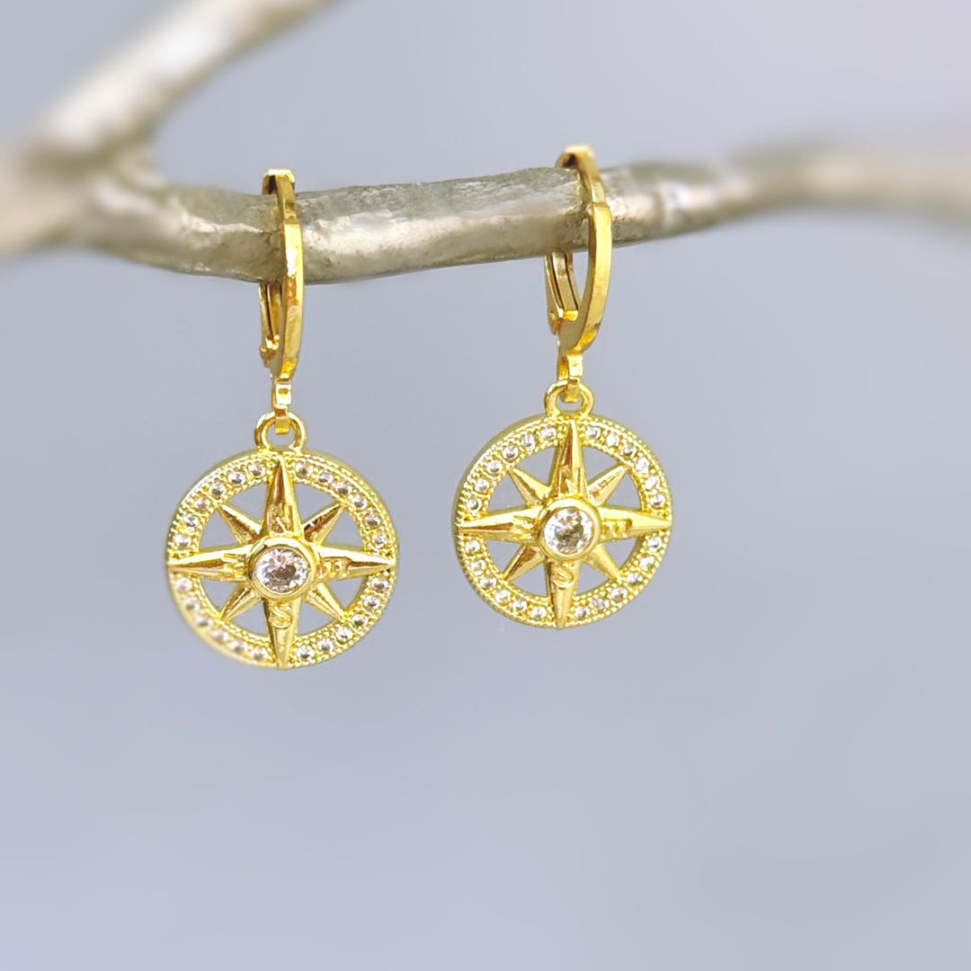 Gold Compass Earrings Dangle Gold Huggie Hoops Dainty Minimalist ...