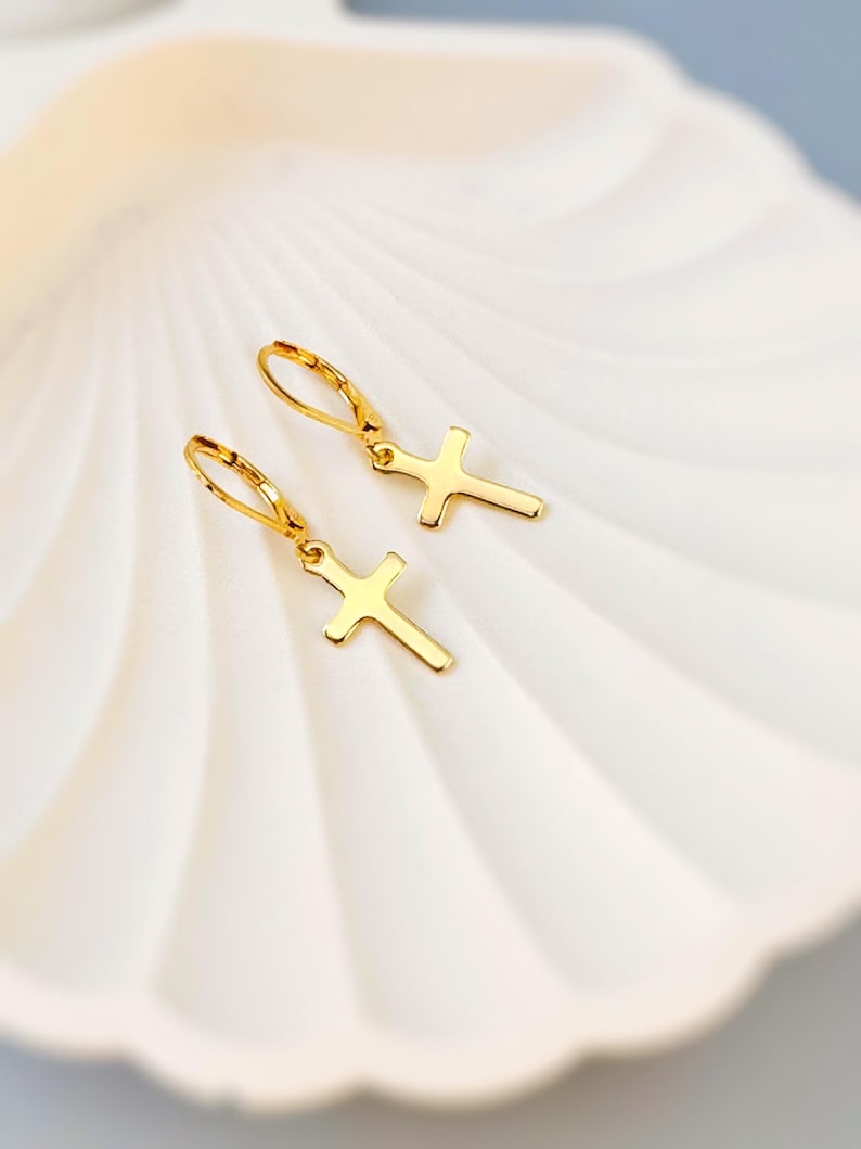 Dainty Gold Cross Earrings Dangle Sterling Silver Minimalist Religious ...