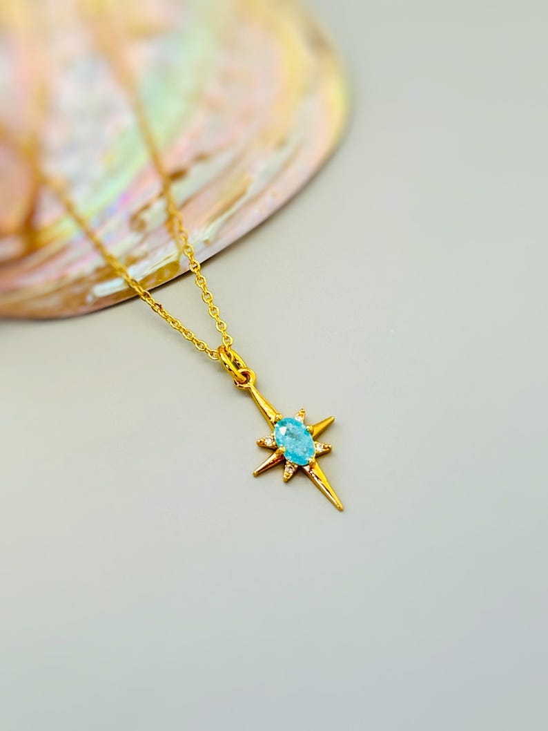 Gold North Star Necklace Dainty Aqua Blue Polaris Pendant Minimalist ...