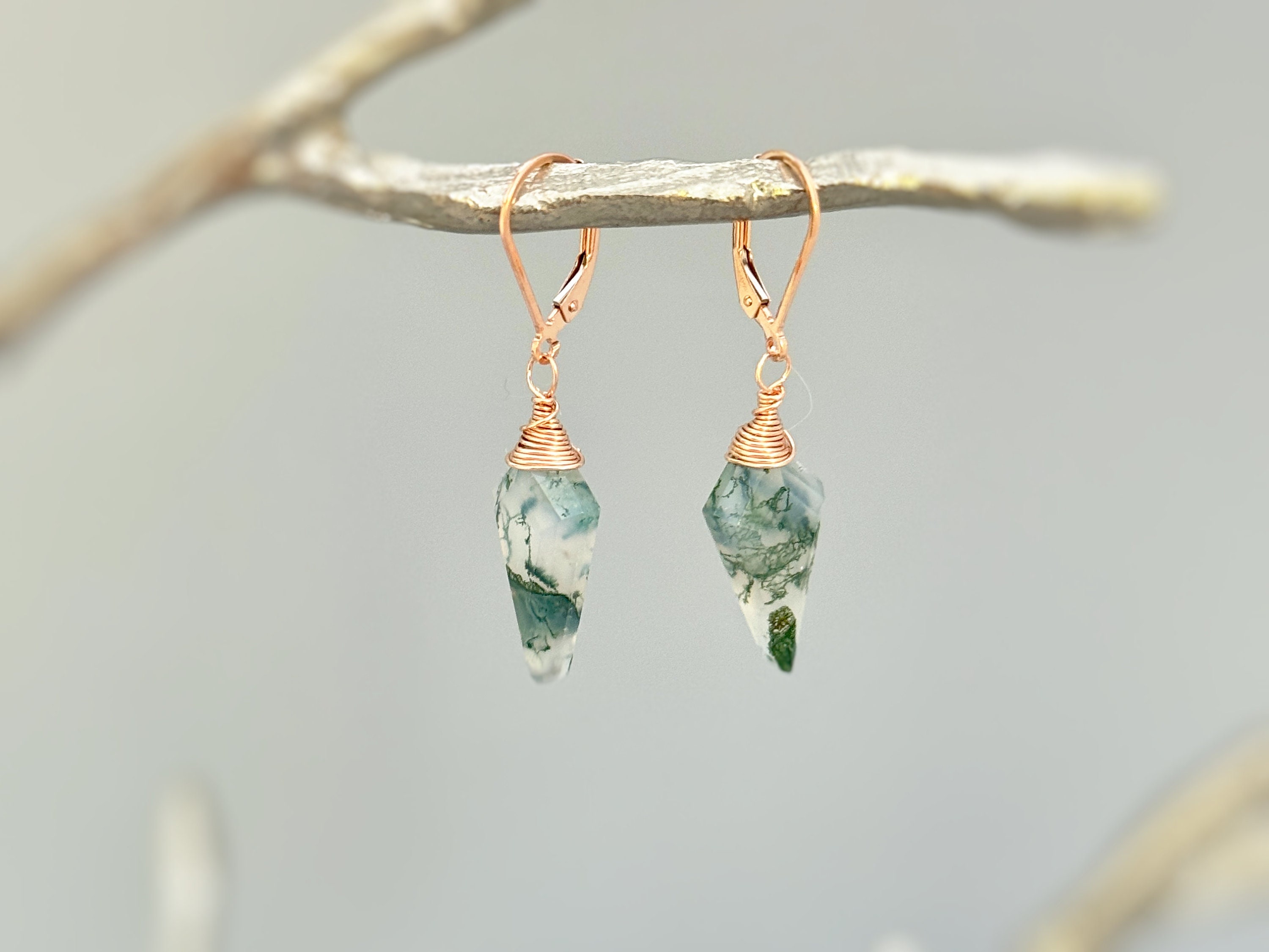 Moss Agate Earrings Dangle Rose Gold, Sterling Silver 14k Gold Fill ...