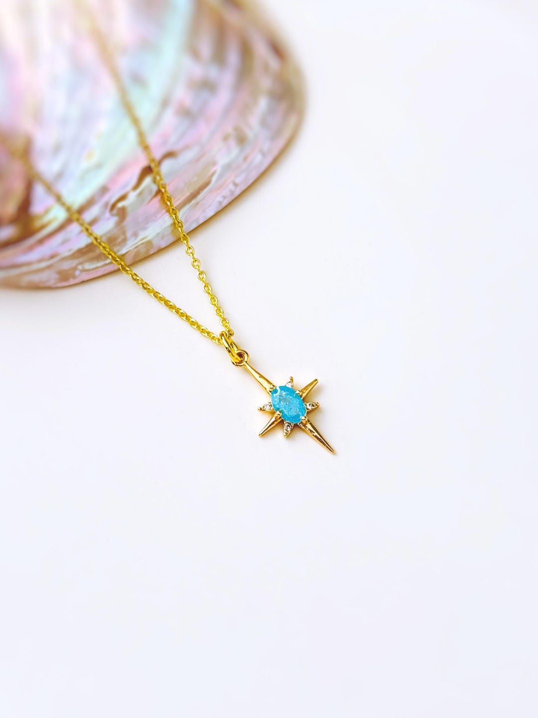 Gold North Star Necklace Dainty Aqua Blue Polaris Pendant Minimalist ...