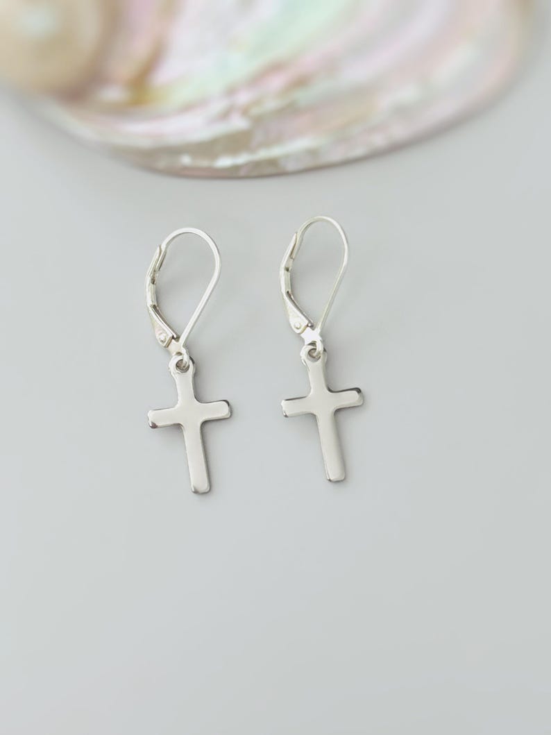 Dainty Gold Cross Earrings Dangle Sterling Silver Minimalist Religious ...