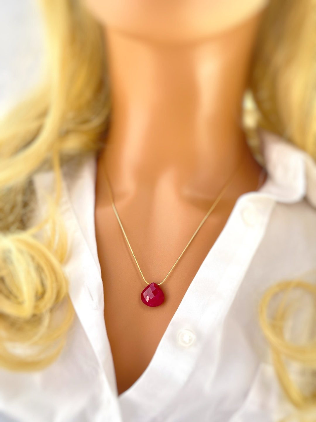 Ruby Necklace 14k Gold, Sterling Silver Dainty Raw Ruby Choker Pendant ...