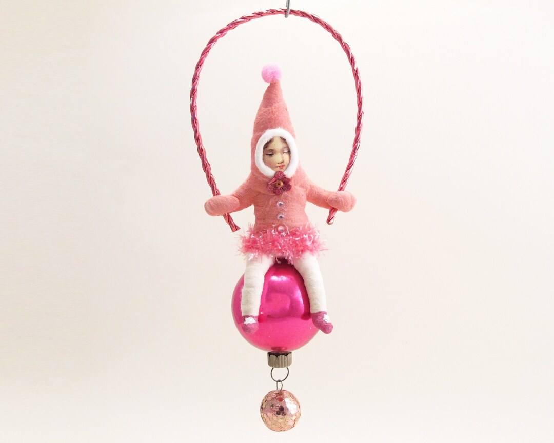 ASSORTED Pink Jump Rope Elf on Vintage Glass Ball (assorted Ball) Spun ...