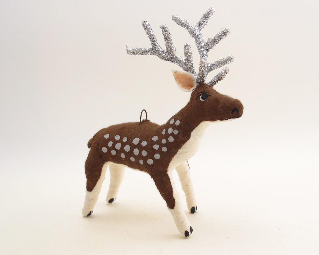Spun Cotton Spotted Reindeer With Glittered Antlers Ornament/figure - Etsy