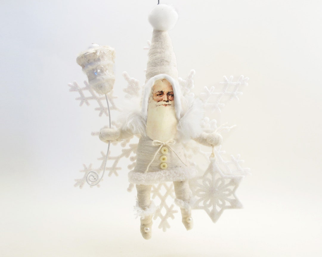Spun Cotton White Santa on Glittery White Snowflake Christmas Ornament ...