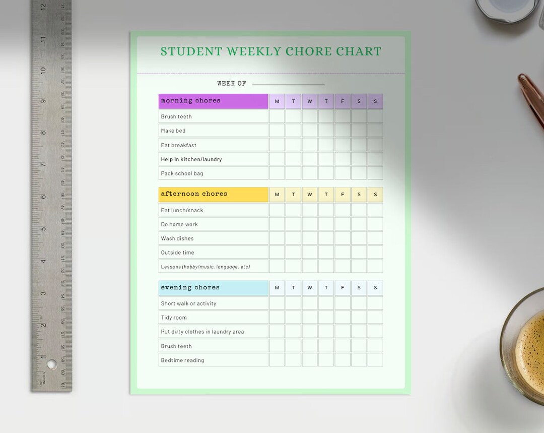 Student / Child Chore Chart , Weekly Chore Chart Pdf Instant Download ...
