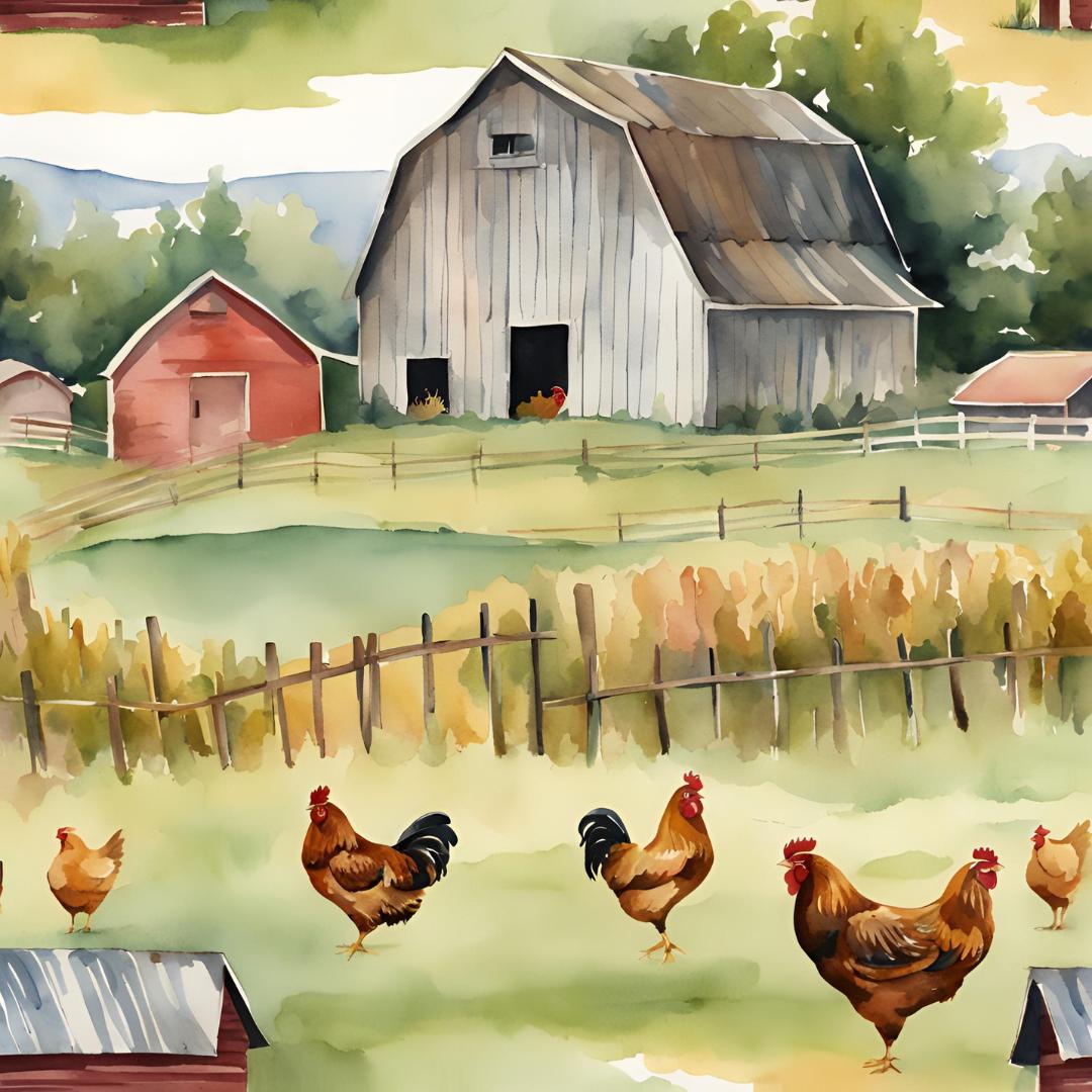 Chicken Farms and Farming Watercolor Images Open Pastures and Vintage ...