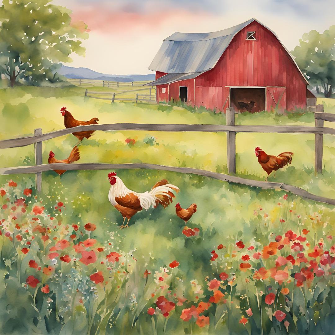 Chicken Farms and Farming Watercolor Images Open Pastures and Vintage ...