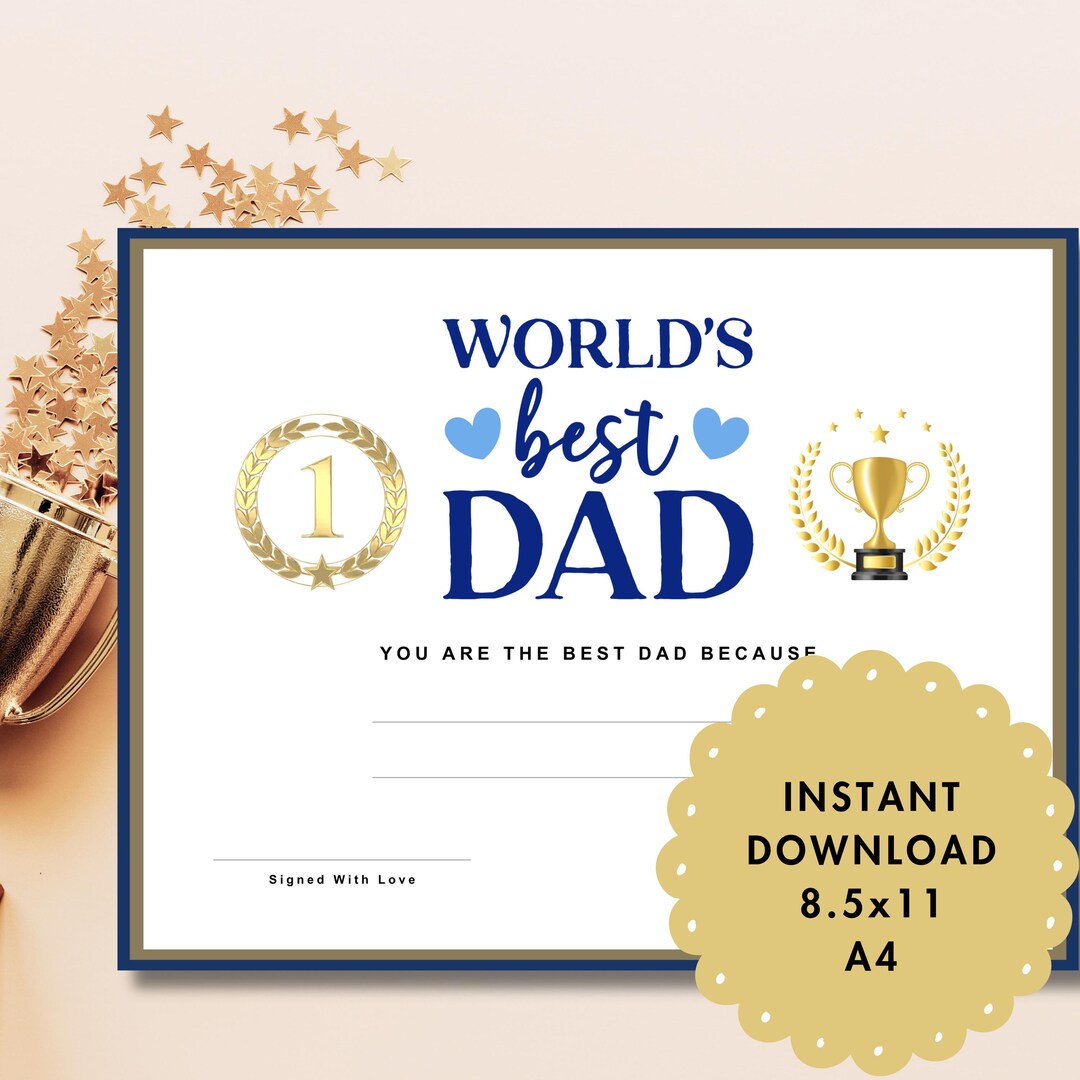 Greatest Dad Award, Best Dad Certificate, DIY Dad Gift, Dad Trophy ...