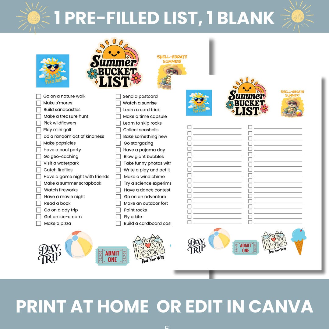 Editable Kids Summer Bucket List Custom Bucket List Printable Template ...