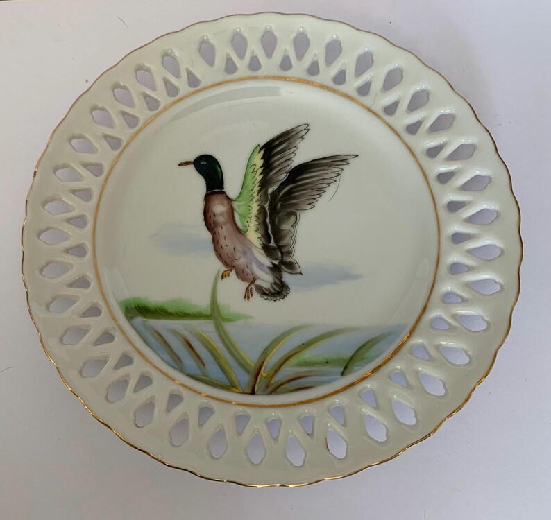 Vintage Chase Hand-painted Duck Plate: White Ceramic With Gold Trim - Etsy