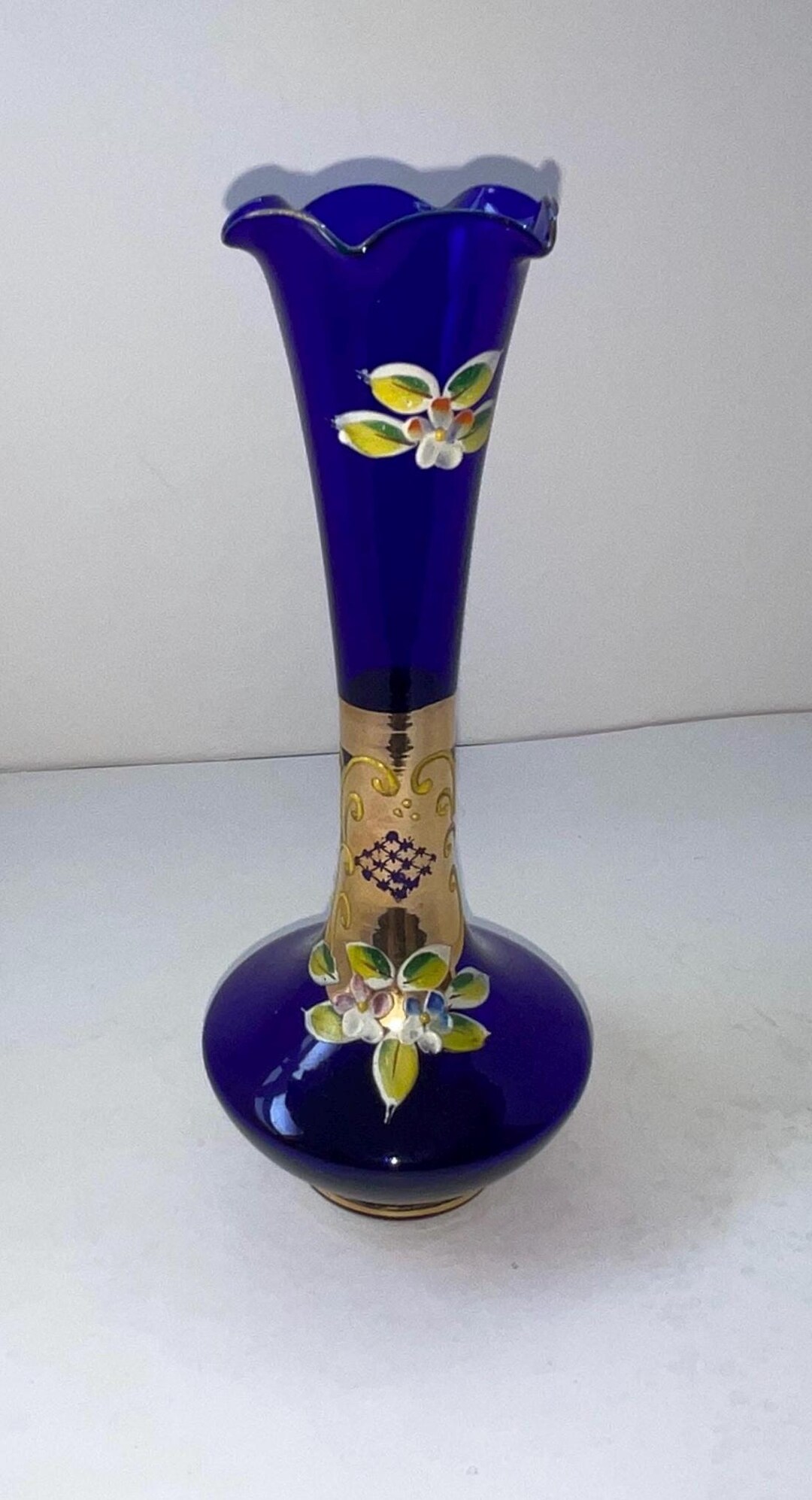 Vintage BLUE Glass VASE With a Flower Design, Made by ENESCO, (1960s ...