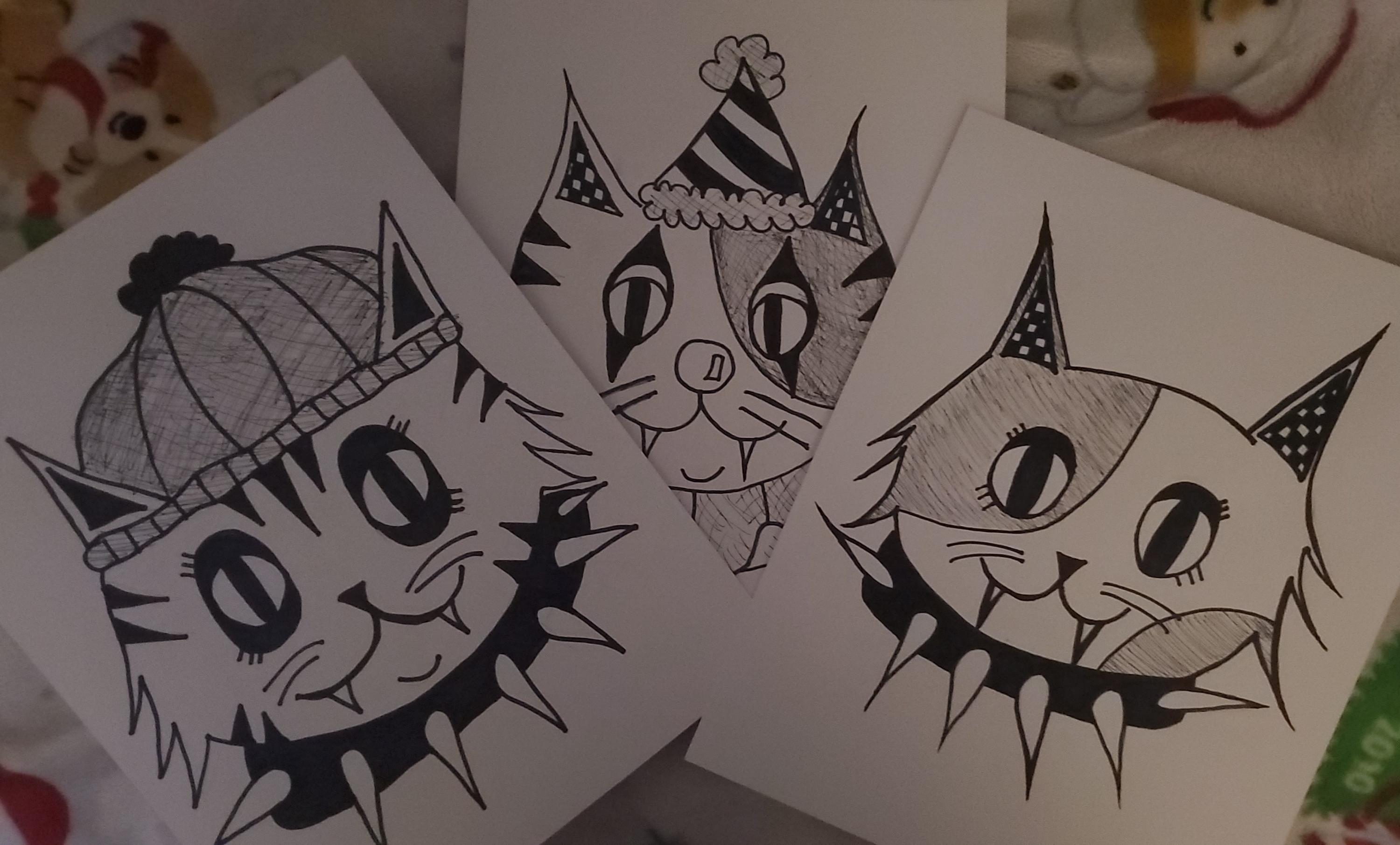 ORIGINAL DRAWINGS Tattoo Style Greyscale Flash Gothic Punk Emo Cats and ...