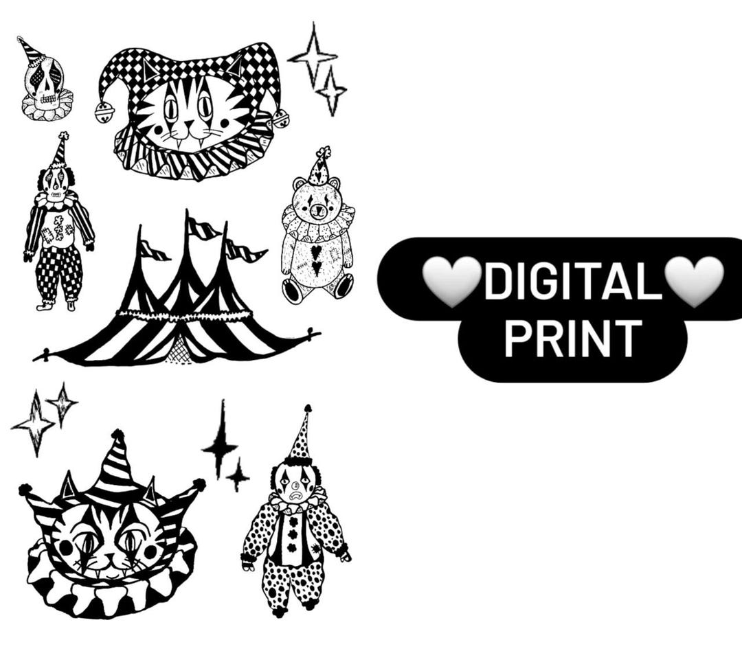 DIGITAL PRINT Carnival Circus Clown Theme Greyscale Tattoo Flash ...