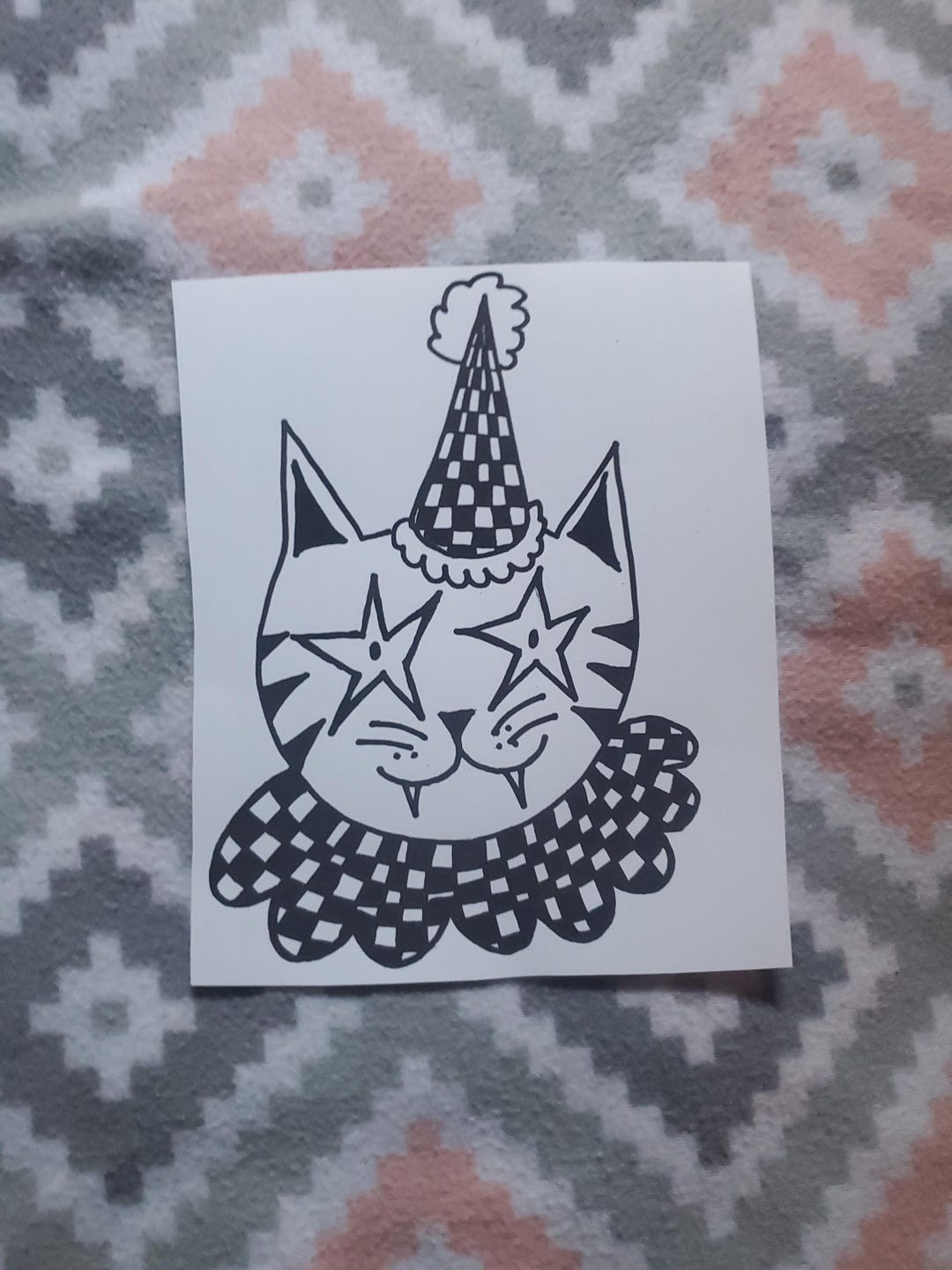 ART PRINT Checkered Carnival Circus Clown Jester Cat Grayscale Tattoo ...