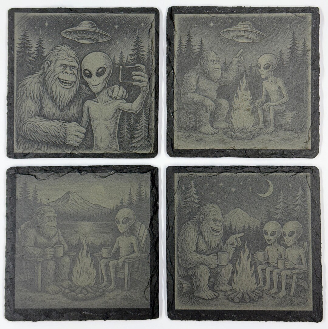 Bigfoot & Alien Slate Coasters: Laser Engraved Cryptid Drink Coasters ...