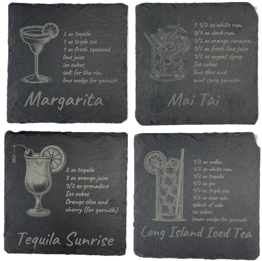 4 Different Cocktail Recipe Slate Coasters – Laser Engraved With Iconic ...