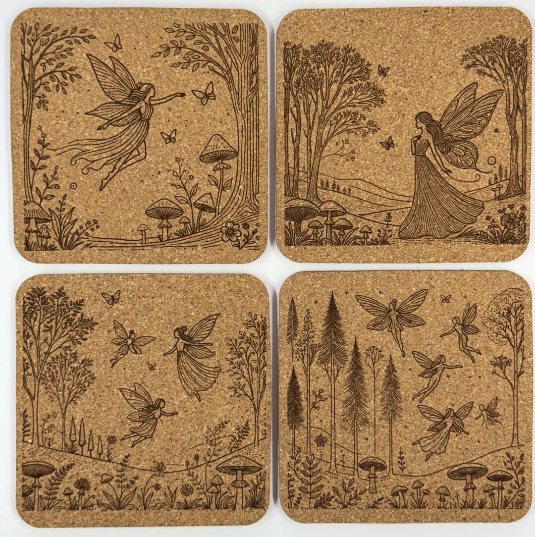 Set of 4 Laser Engraved Cork Coasters of Forest Fairies - Etsy