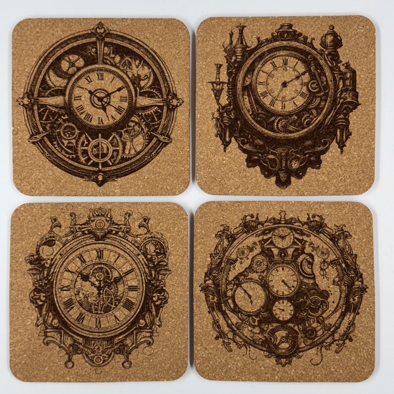 Steampunk Clock Cork Coasters Set – Vintage Clockwork Gear Art Drink ...
