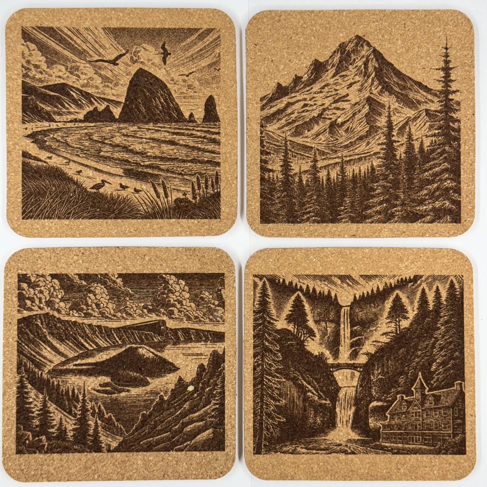 Pacific Northwest Oregon Scenes - Set of 4 Laser Engraved Cork Coasters ...
