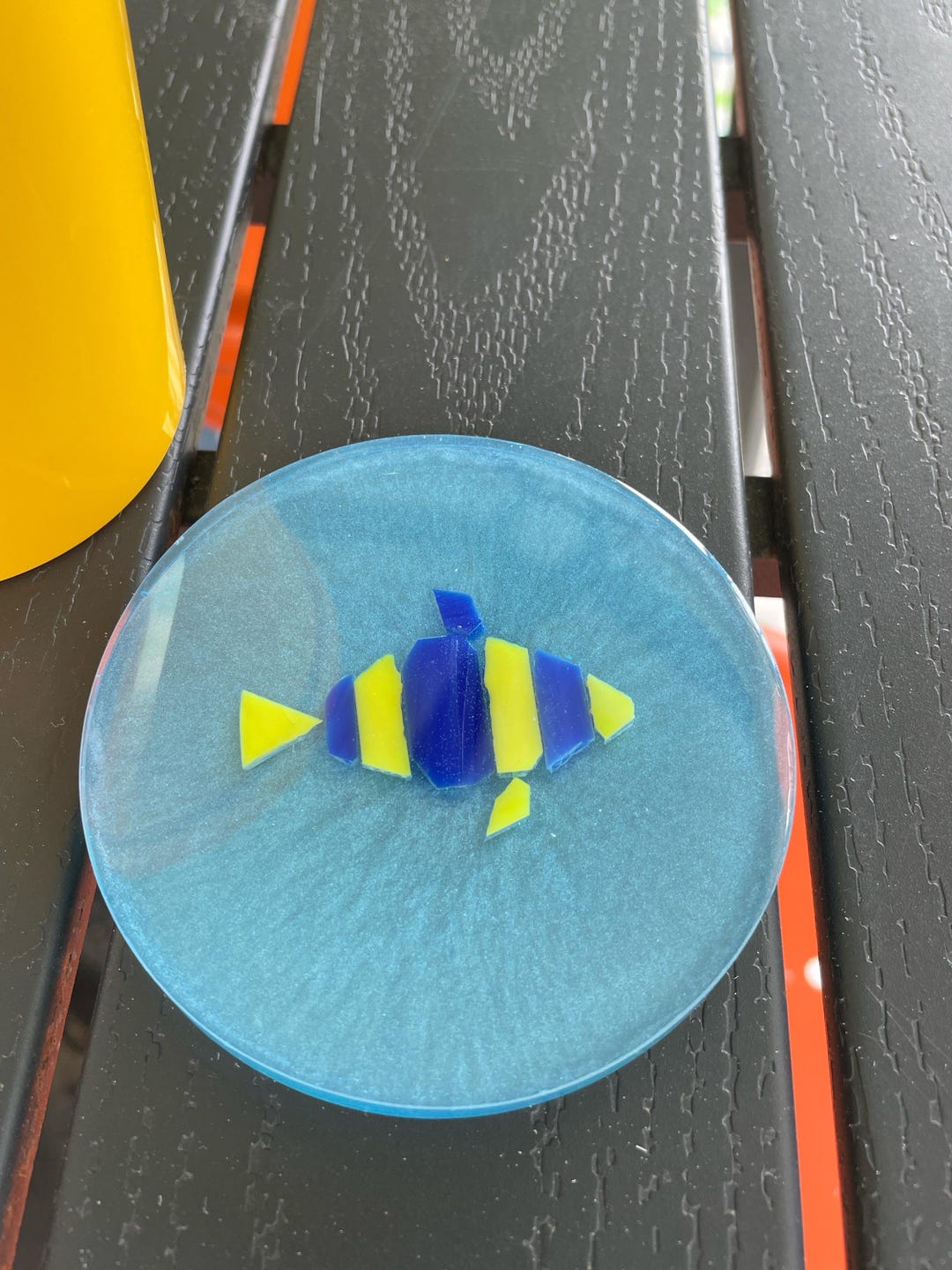 Blue and Yellow Saltwater Fish, Sea Creatures, Mosaic Glass on Drink ...