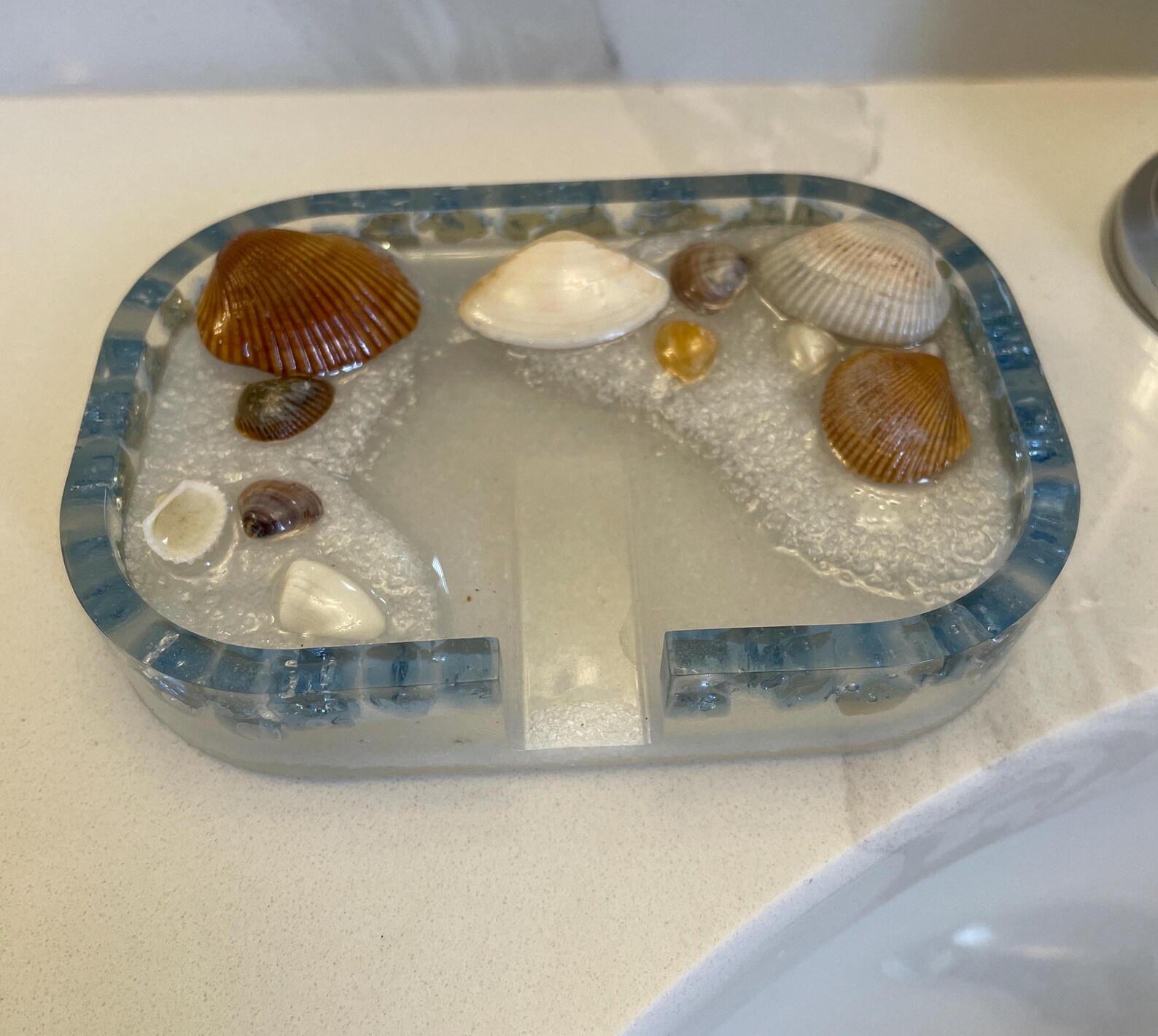 Soap Dish With Ocean Sea Shells, Sparkly Blue and White Sand, Coastal ...