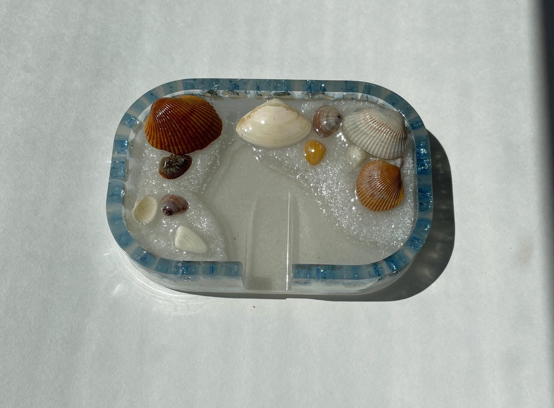 Soap Dish With Ocean Sea Shells, Sparkly Blue and White Sand, Coastal ...