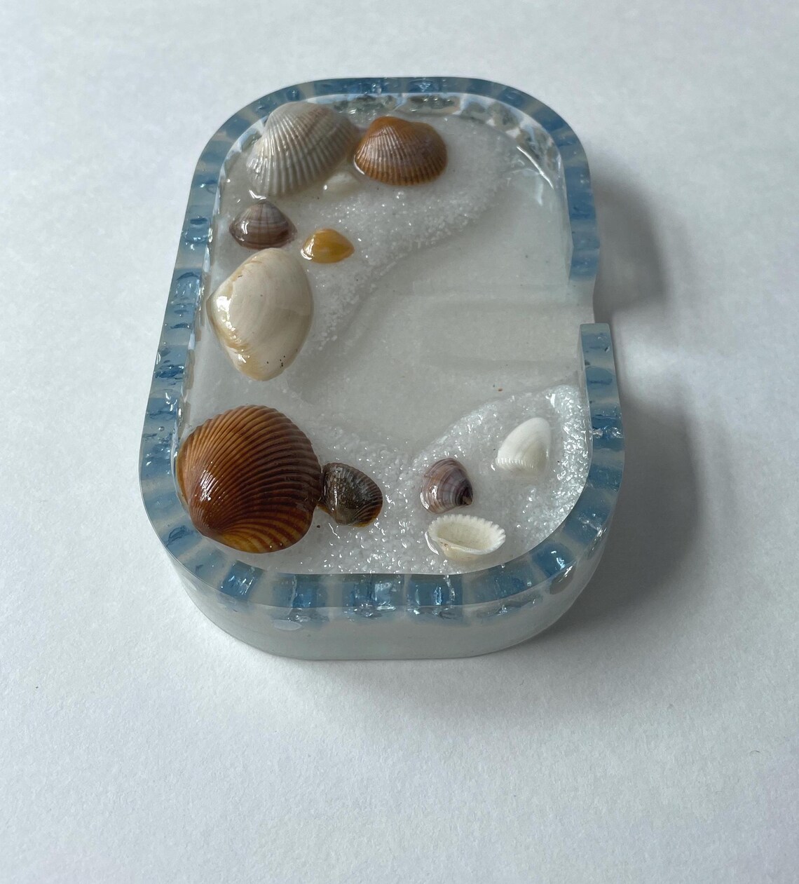 Soap Dish With Ocean Sea Shells, Sparkly Blue and White Sand, Coastal ...