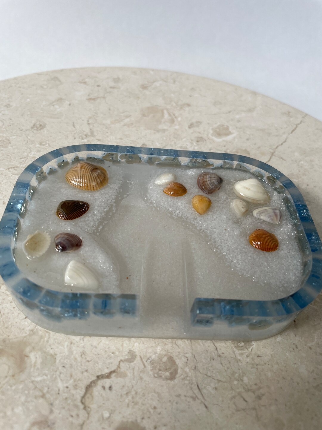 Soap Dish With Ocean Sea Shells, Sparkly Blue and White Sand, Coastal ...