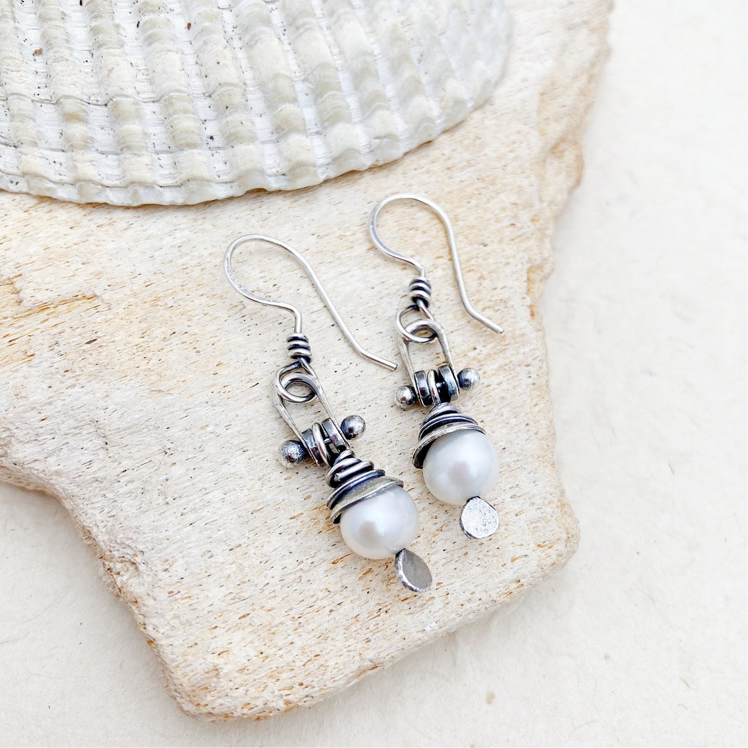Moonlit Pearl Sterling Silver Drop Earrings-handmade Boho Freshwater ...