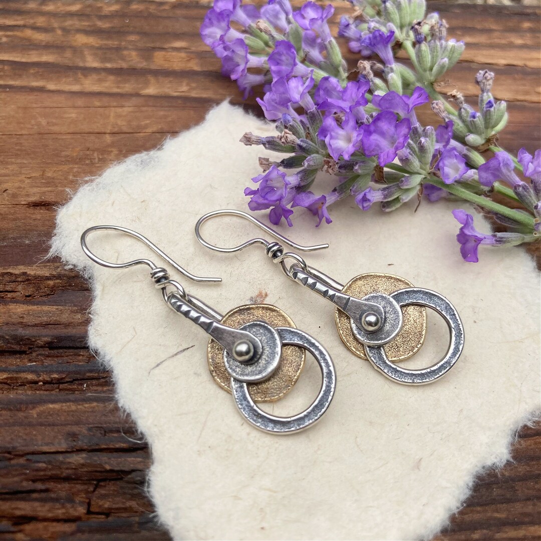Button Sterling Silver and Brass Oxidized Earrings - Etsy