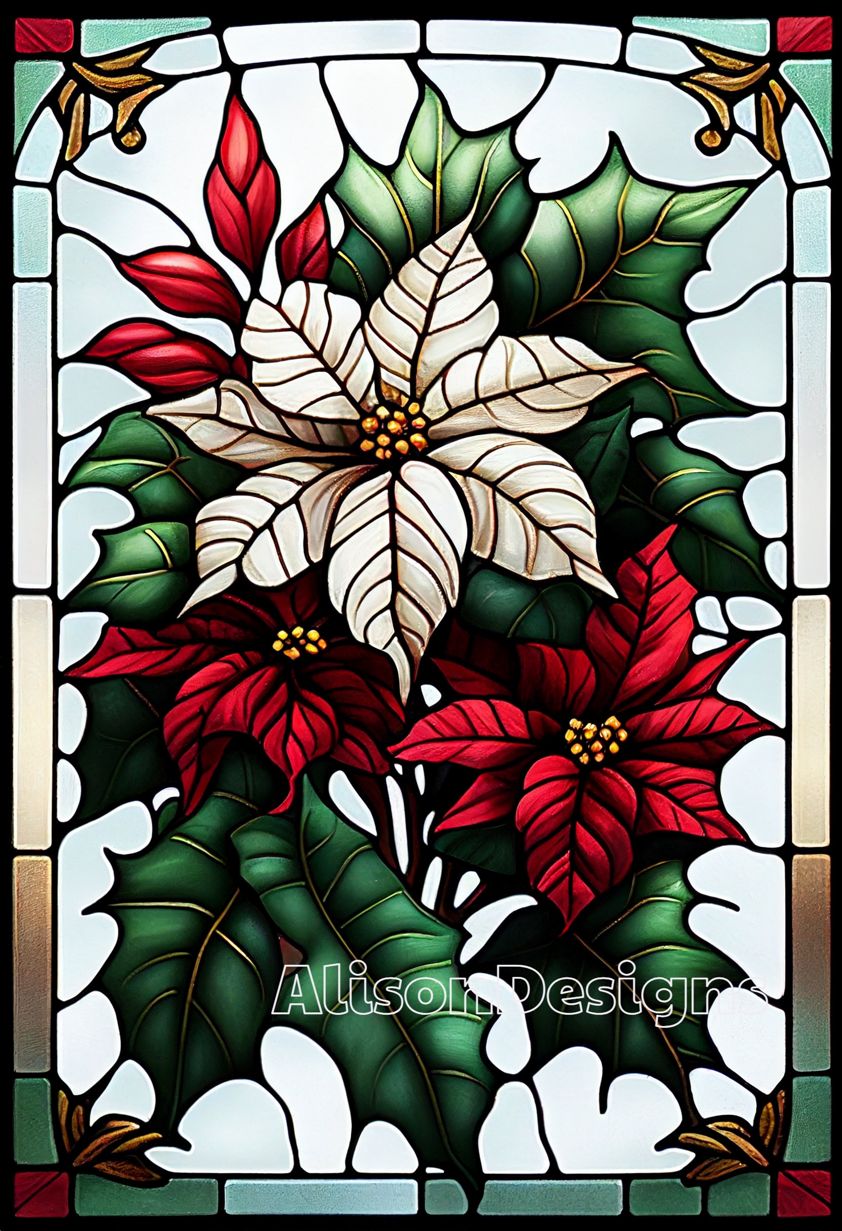 Poinsettia Stained Glass Style Printable Art Image PNG-JPG-PDF Instant ...