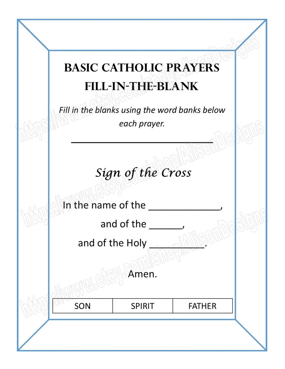 10 Basic Catholic Prayers, Printable Fill-in-the-blank Worksheets With and Without Word Banks ...